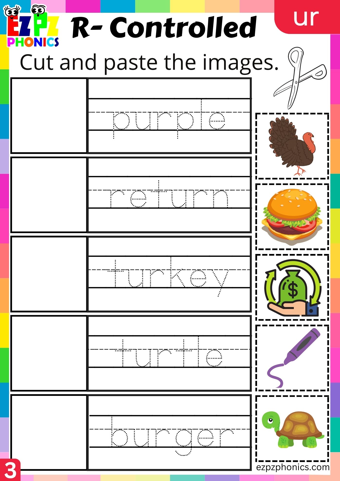 Cut and paste worksheet for ur two syllable words R Controlled Vowels group 3 - ezpzphonics.com